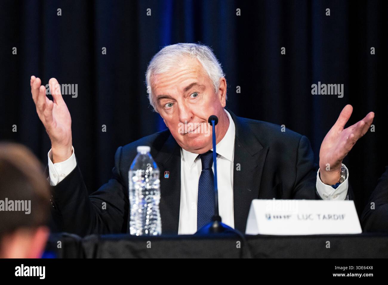 IIHF President Luc Tardif gives remarks during the end-of-tournament ...