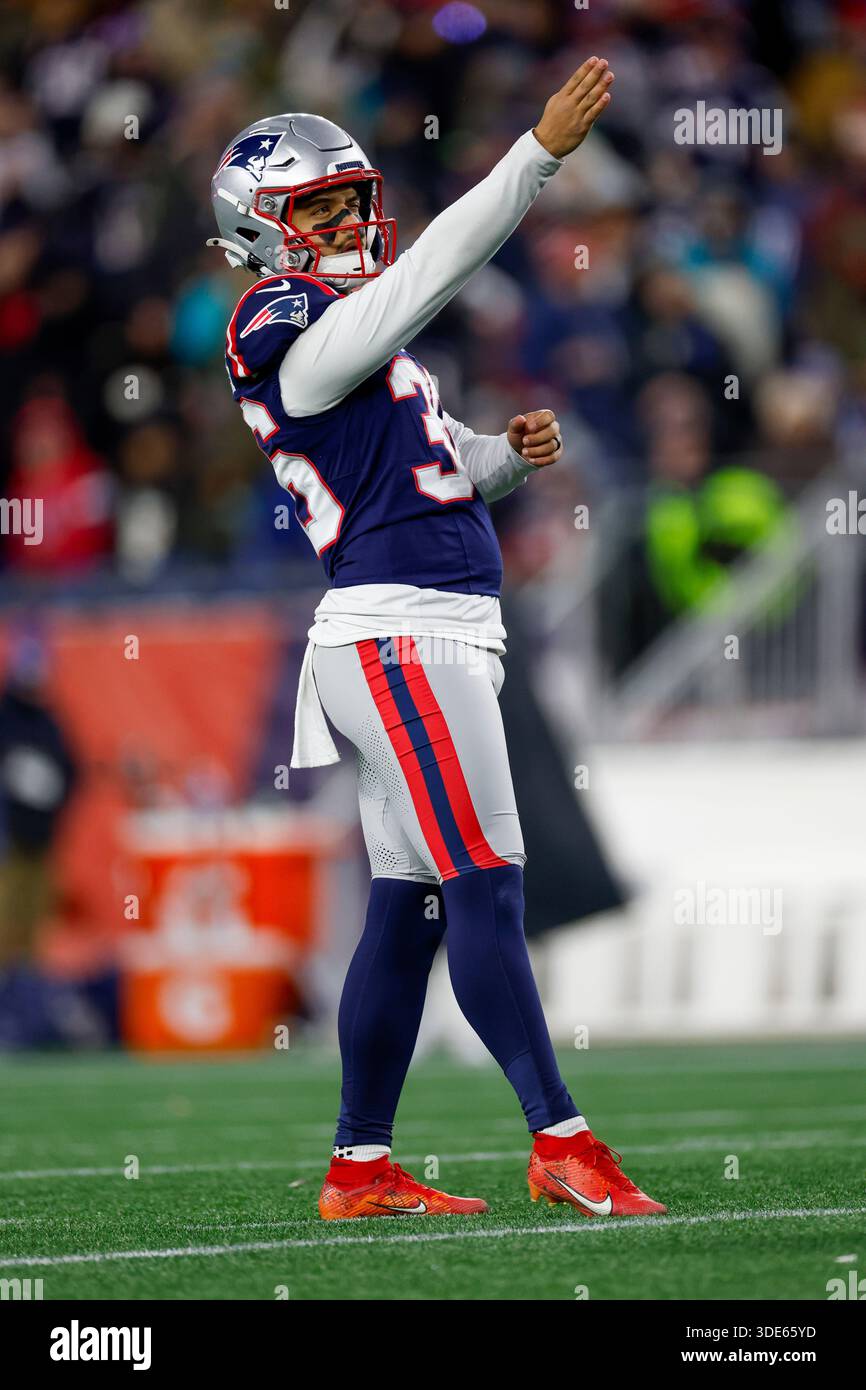 New England Patriots place kicker Andy Borregales (36) lines up the ...