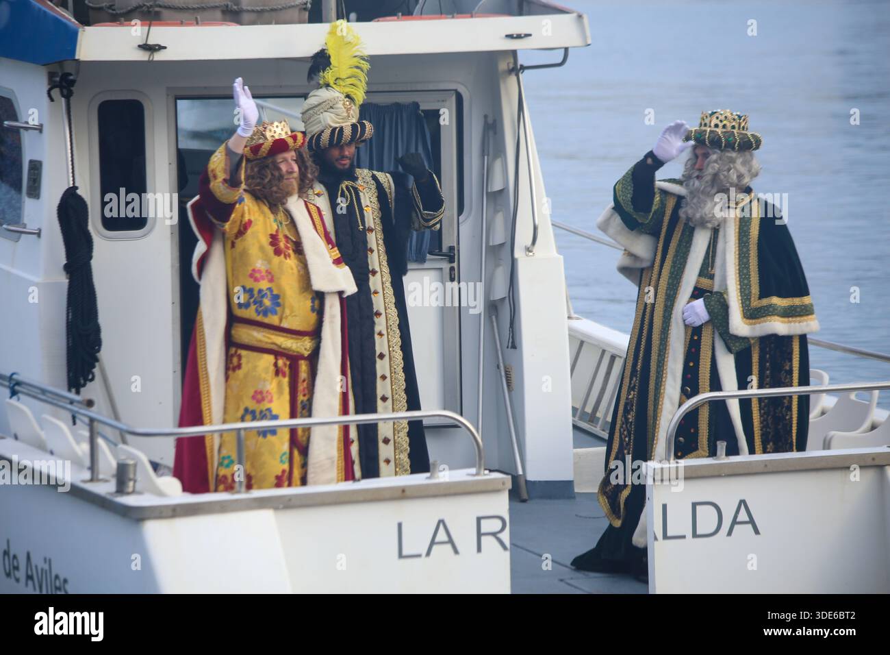 Avilés, Spain, January 5, 2026: Their Majesties the Three Kings greet ...