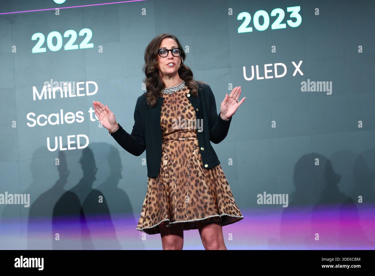 Sarah Larsen, Chief Marketing Officer of Hisense USA, speaks on stage ...