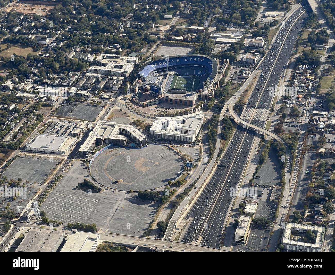Aerial view of Center Parc Stadium and surrounding parking lots next to ...