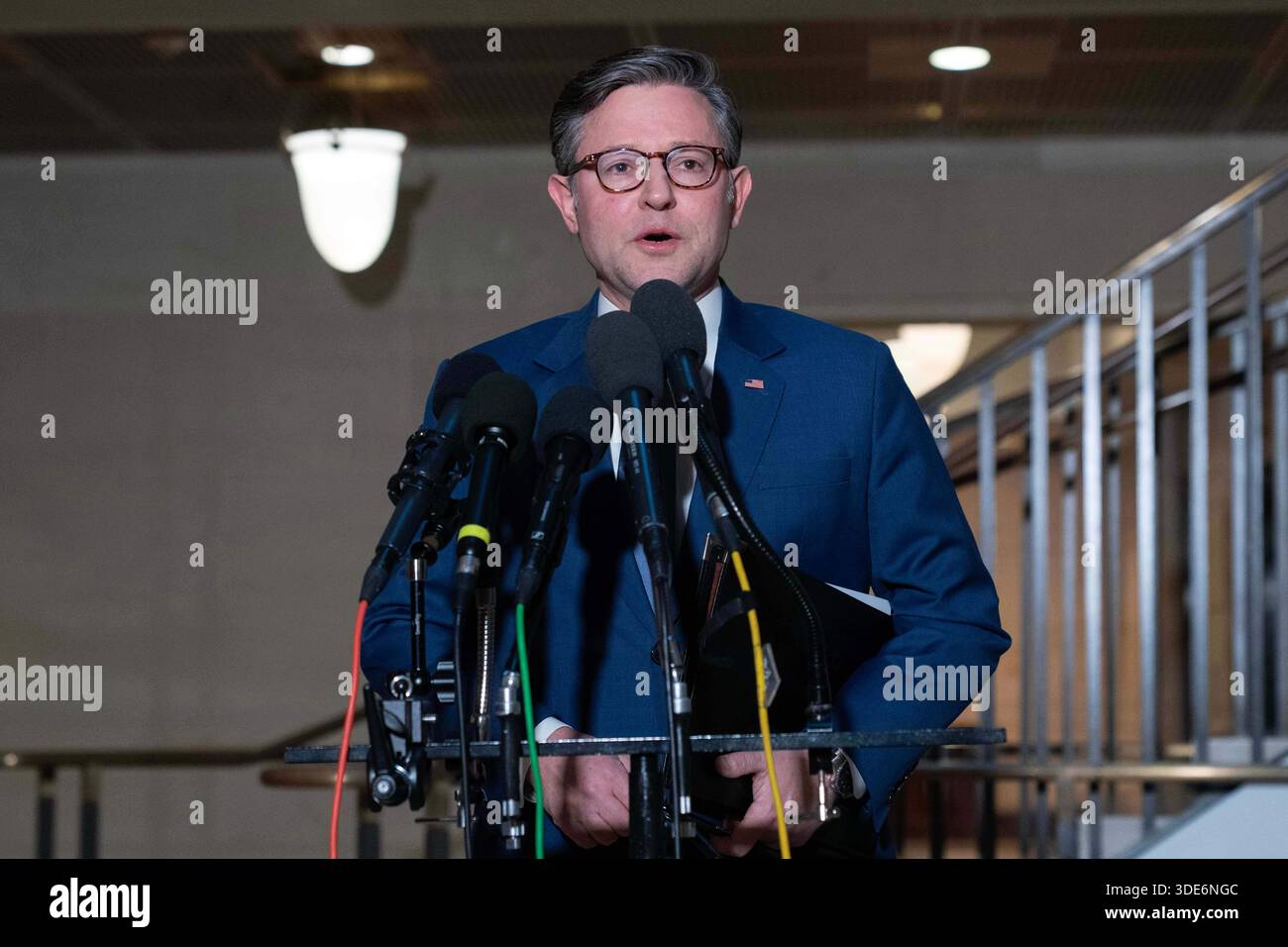 Speaker of the House Mike Johnson, R-La., speaks to reporters as he ...