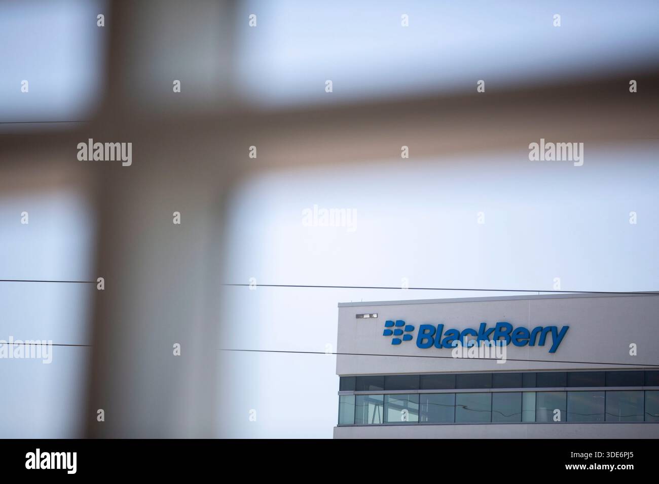 The Blackberry logo located in the front of the company's C building in ...