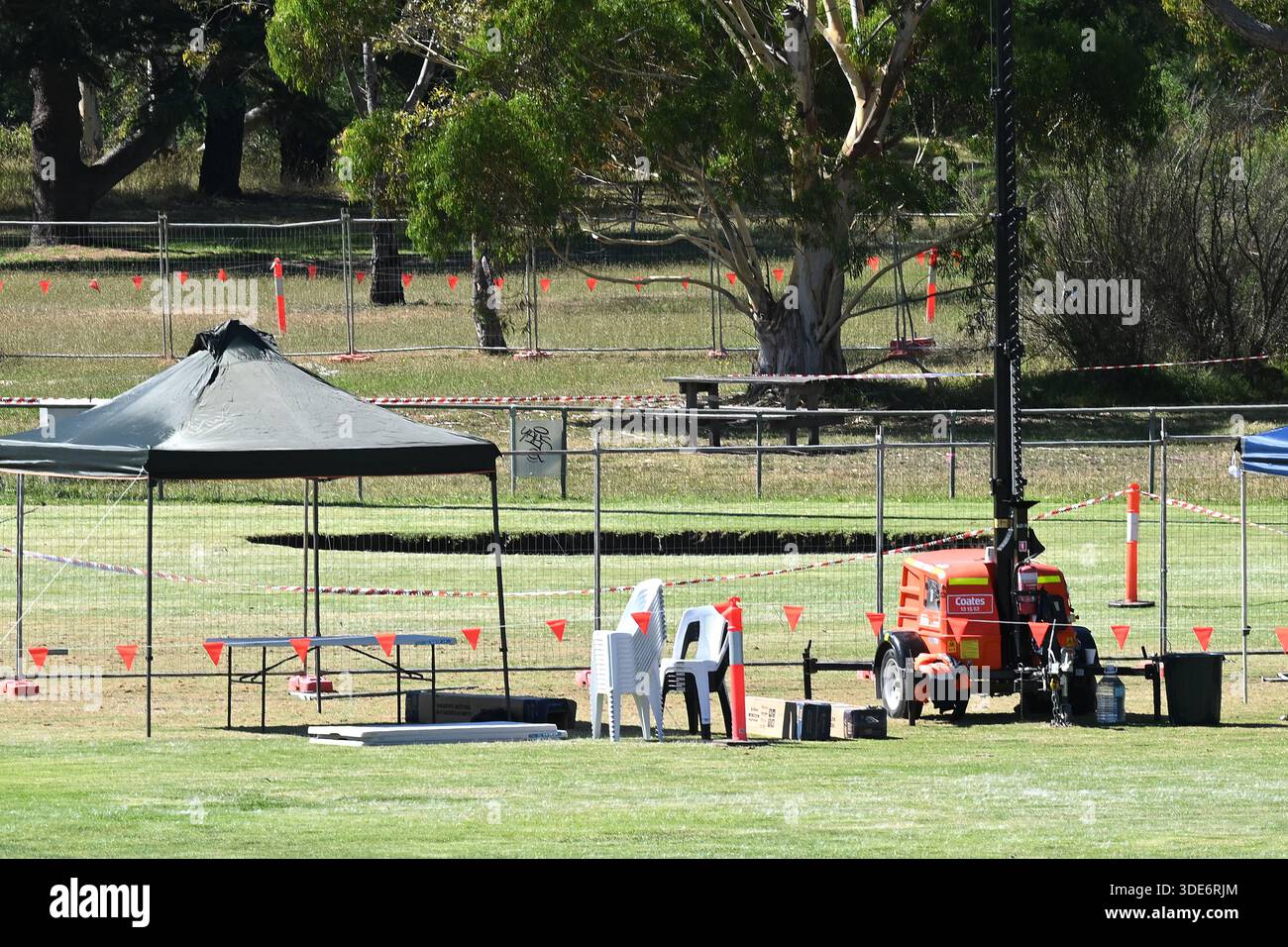 A sinkhole is seen at A J Burkitt Oval in Heidelberg, Melbourne ...