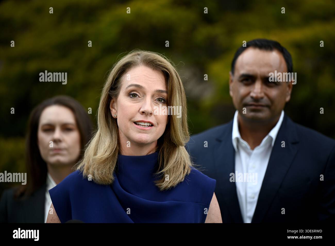 NSW Opposition Leader Kellie Sloane (centre) speaks to media during a ...