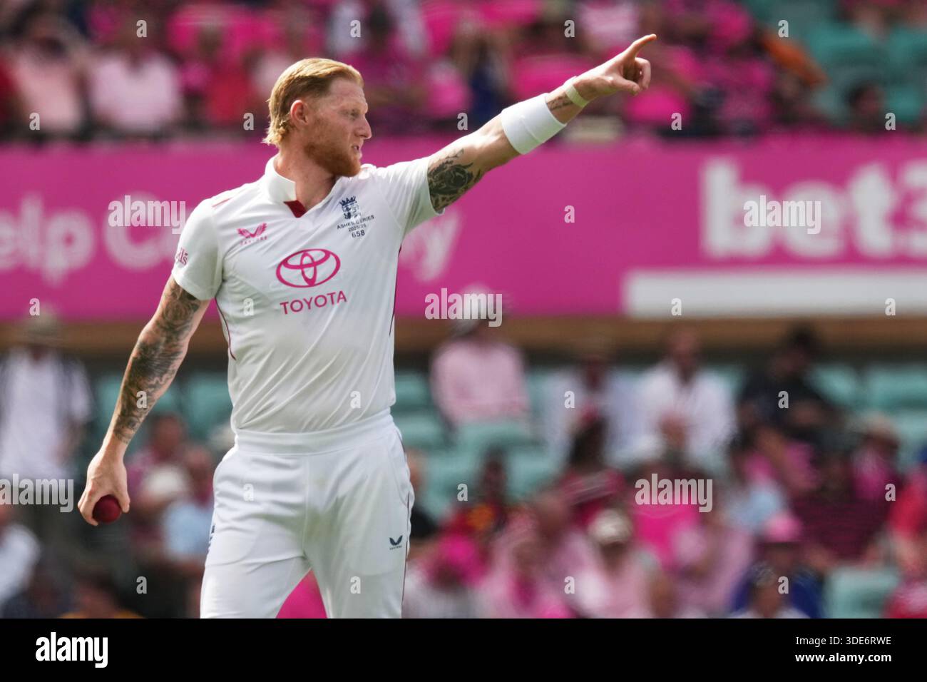 England's Ben Stokes gestures during play on day three of the fifth and ...