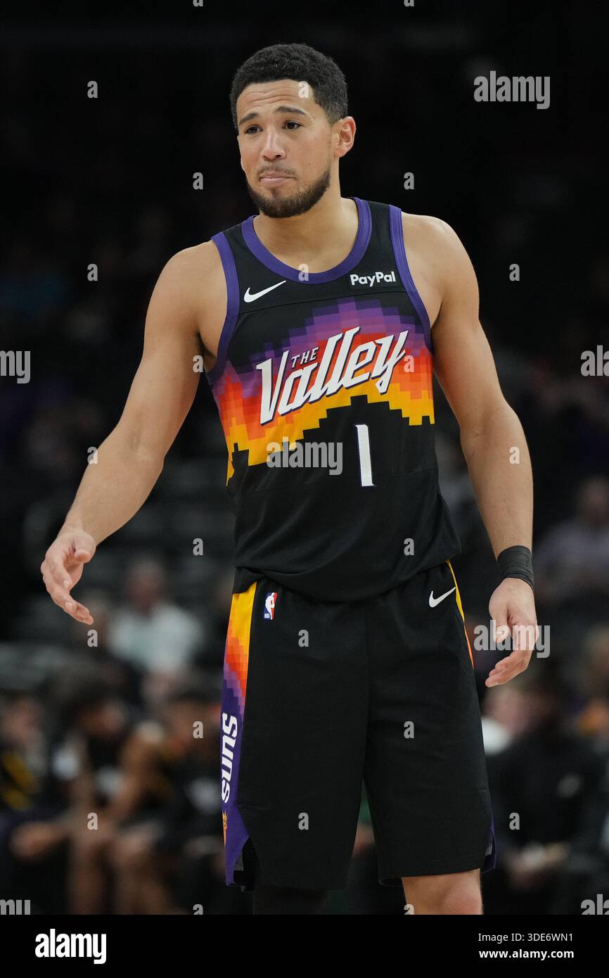 Phoenix Suns guard Devin Booker (1) during the first half of an NBA basketball game against the ...