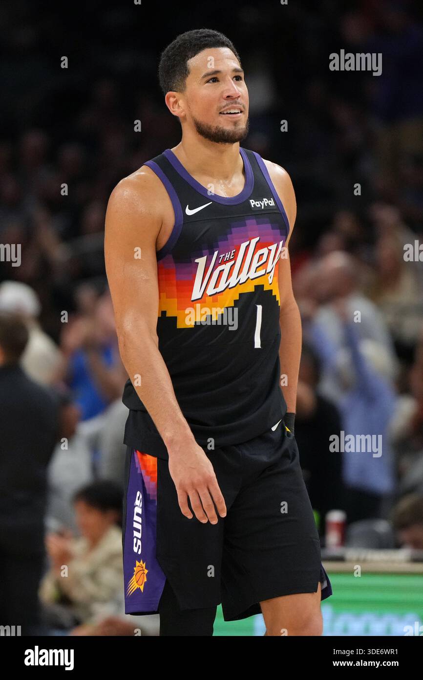 Phoenix Suns guard Devin Booker (1) during the first half of an NBA basketball game against the ...