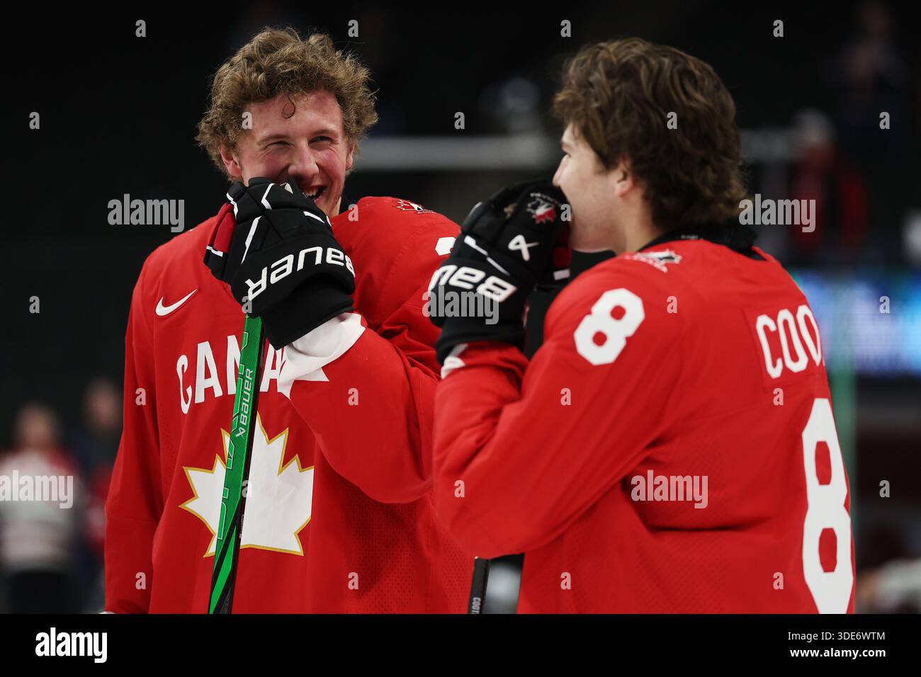 Canada defenseman Keaton Verhoeff, left, and forward Braeden Cootes (8 ...