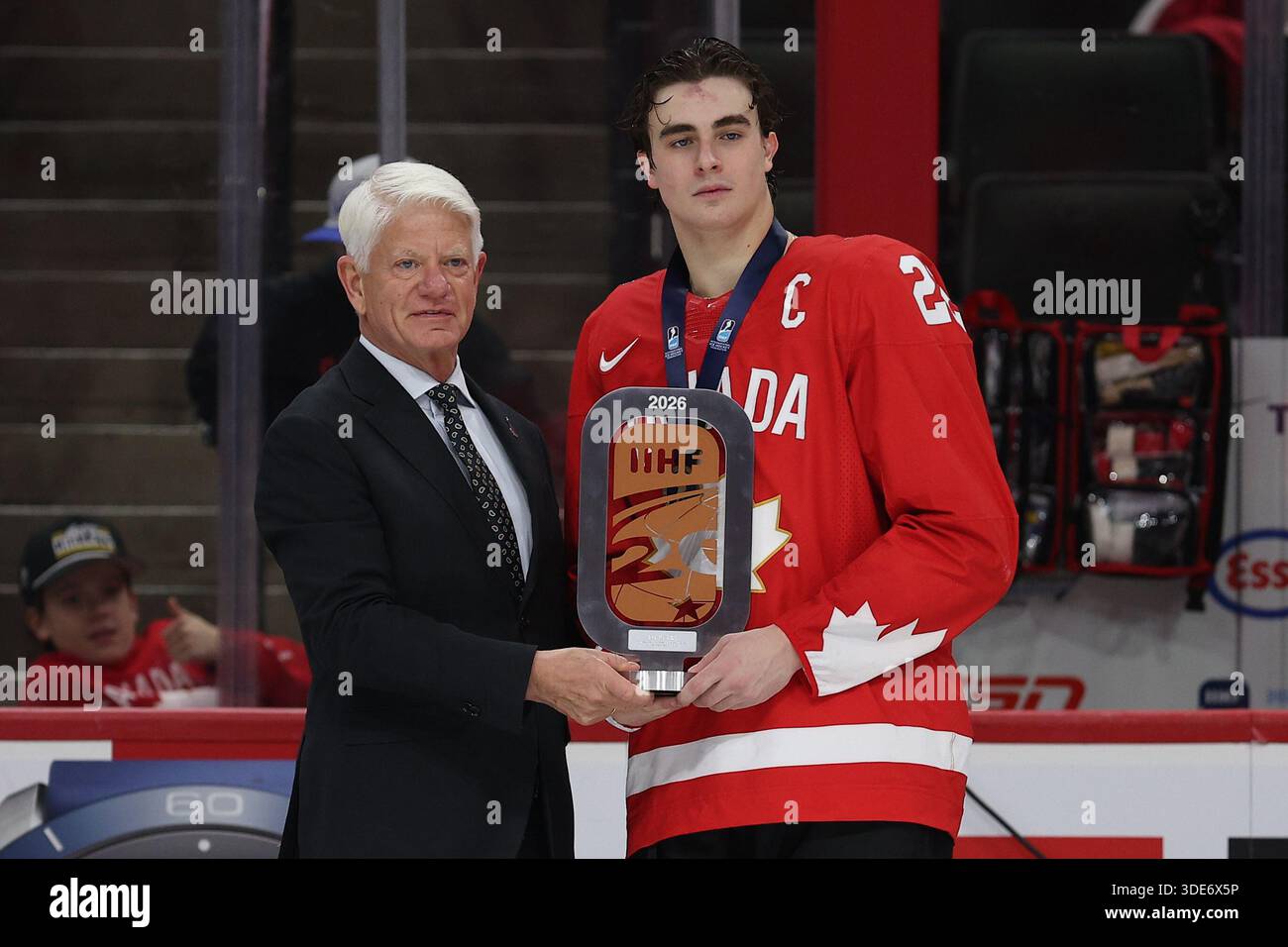 Canada forward Sam O'Reilly accepts a trophy after winning an IIHF ...