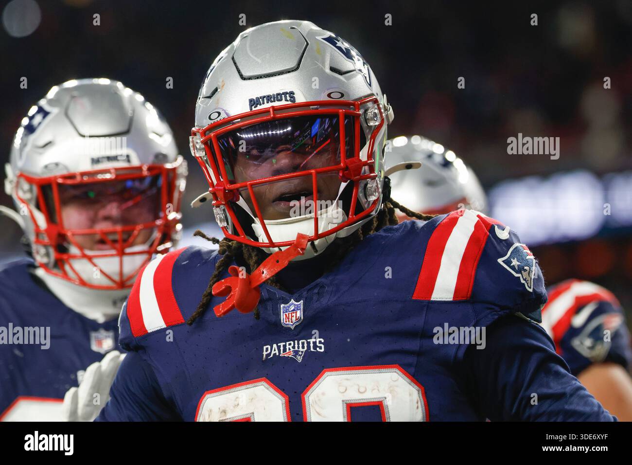 New England Patriots running back Rhamondre Stevenson (38) reacts after ...