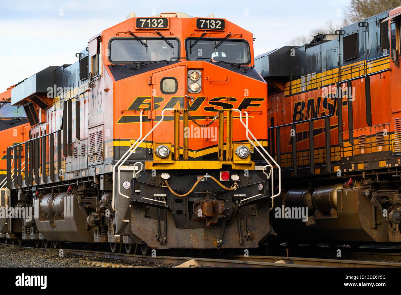 Seattle - January 3, 2026; BNSF freight train locomotive in closeup ...