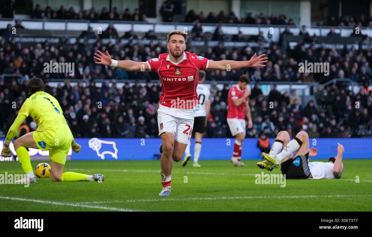 Sam Smith of Wrexham AFC seen celebrating a goal during the EFL ...