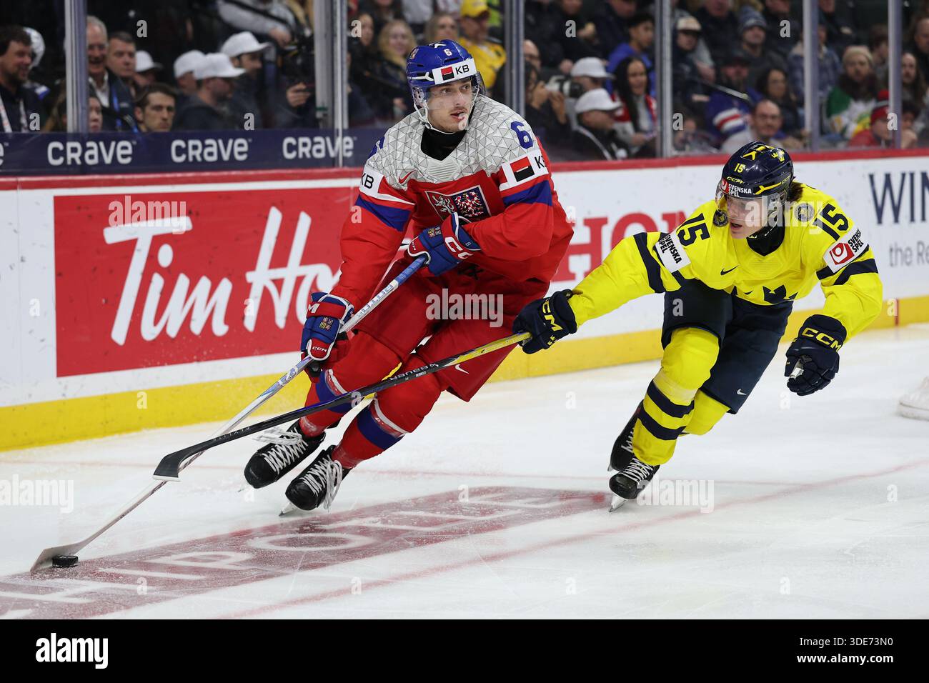 Czechia defenseman Radim Mrtka (6) controls the puck against Sweden ...