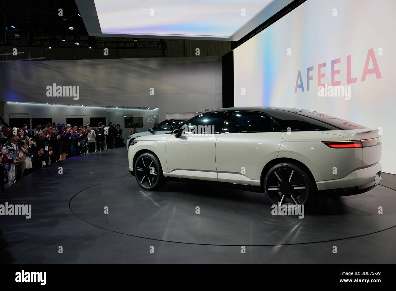 The Afeela Prototype 2026 displayed during a Sony Honda Mobility news ...