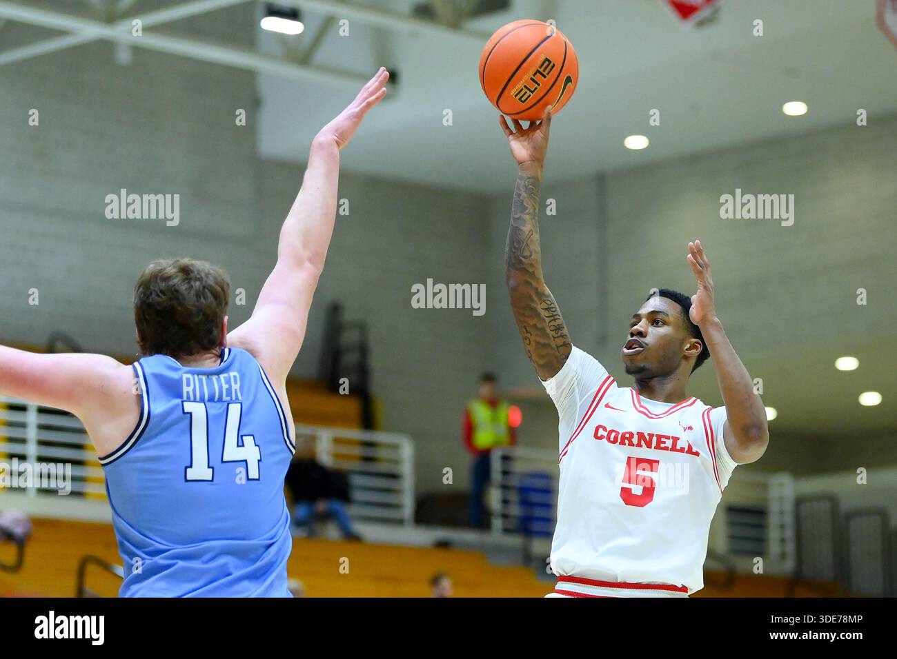 January 05, 2026: Cornell Big Red guard Jacob Beccles (5) shoots ...