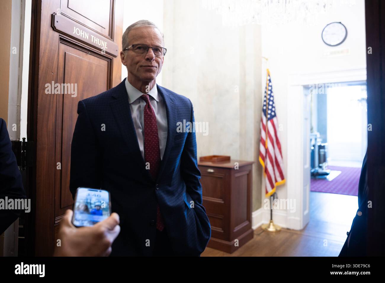 Senate Majority Leader John Thune (R-S.D.) speaks with reporters ...