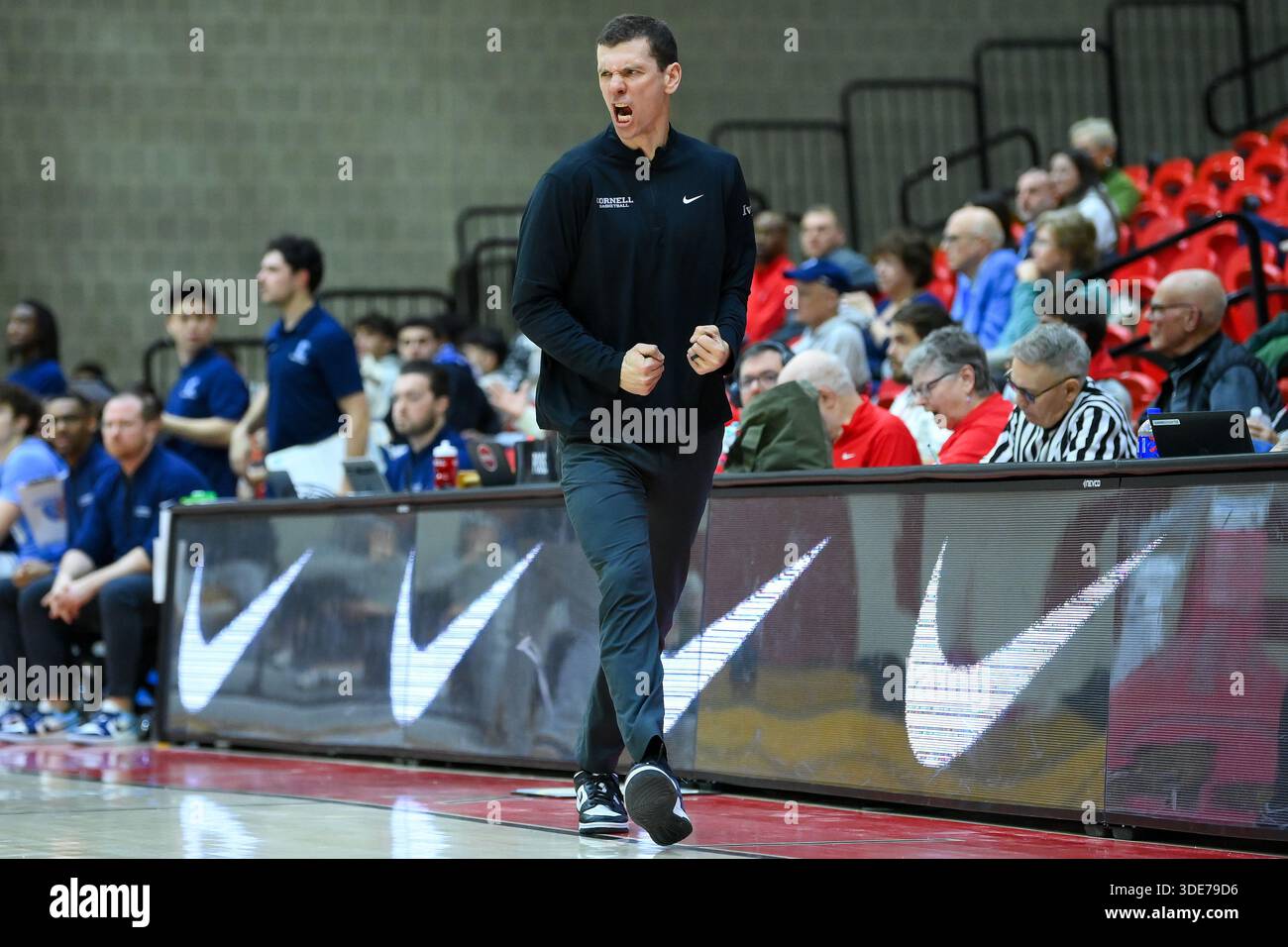 January 05, 2026: Cornell Big Red head coach Jon Jaques reacts against ...