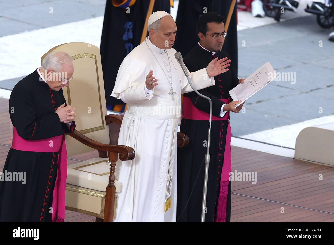 Pope Leo XIV imparts his blessing at the end of the audience. Pope Leo ...