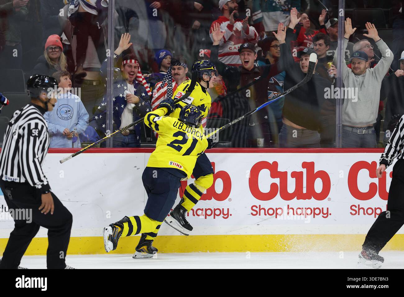 Sweden's Ivar Stenberg (15) celebrates with Viggo Bjorck (21) after ...