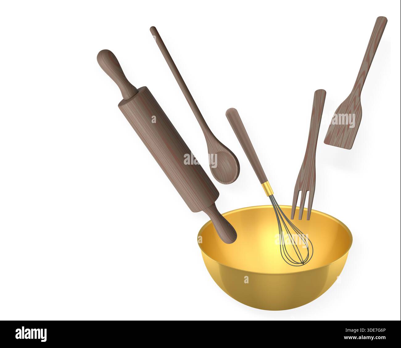 Cooking utensils like rolling pin, whisk, and wooden spoons floating ...