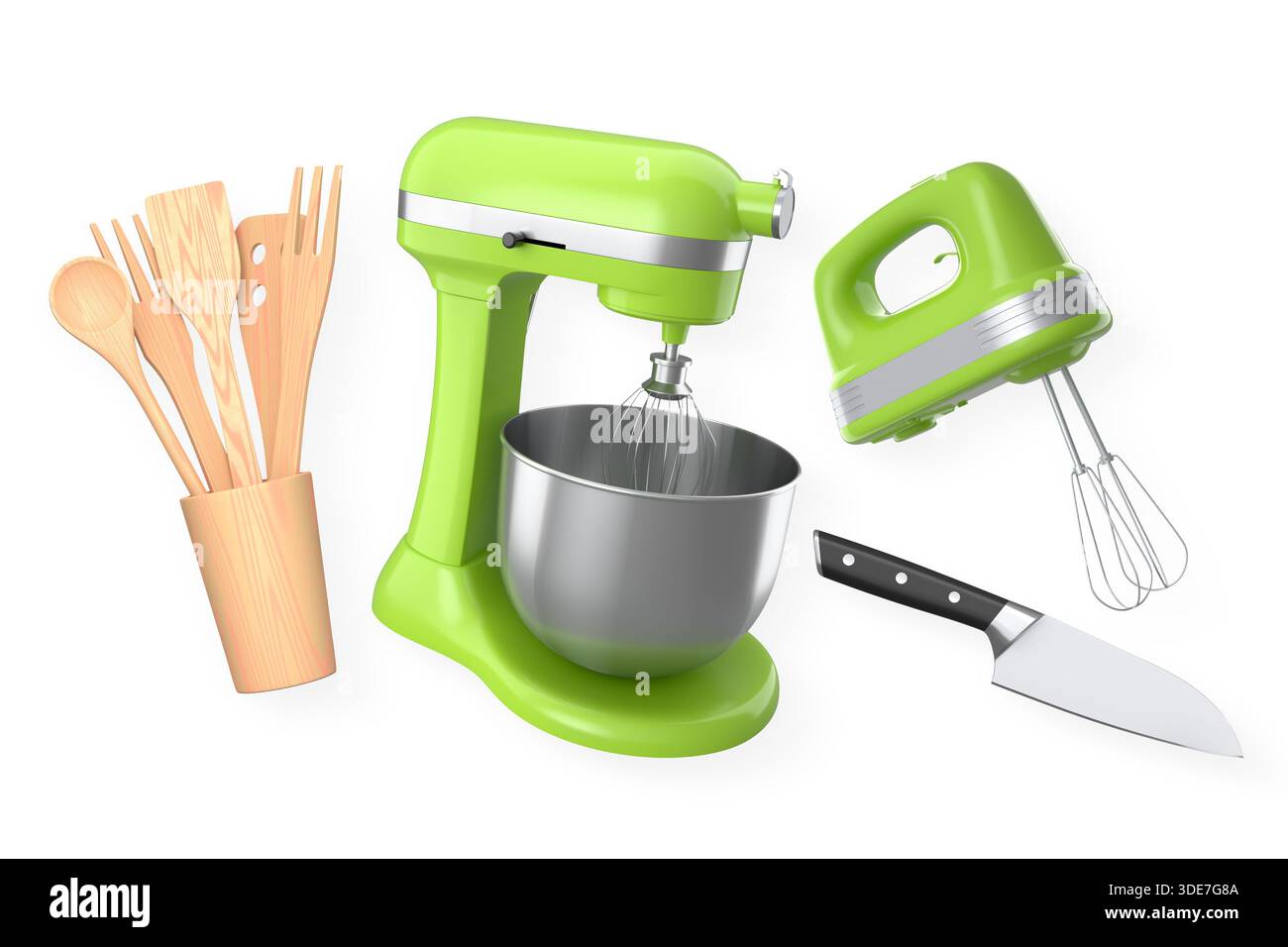 Kitchen utensils, stand mixer, hand blender, and knife isolated on ...