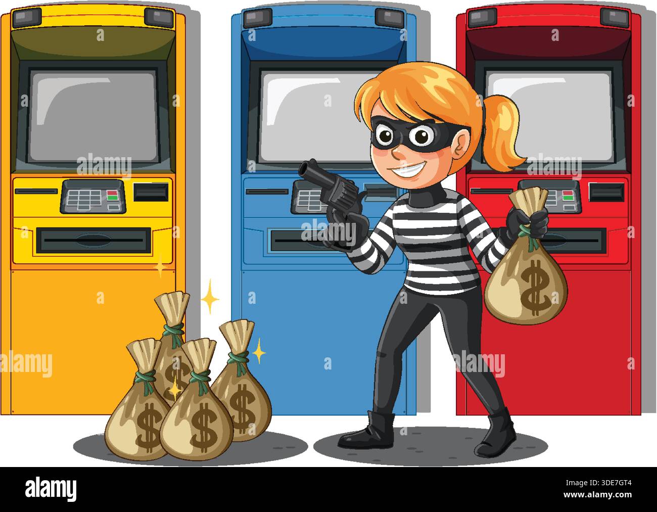 Cartoon thief with gun and money bags in front of colorful ATMs, flat ...