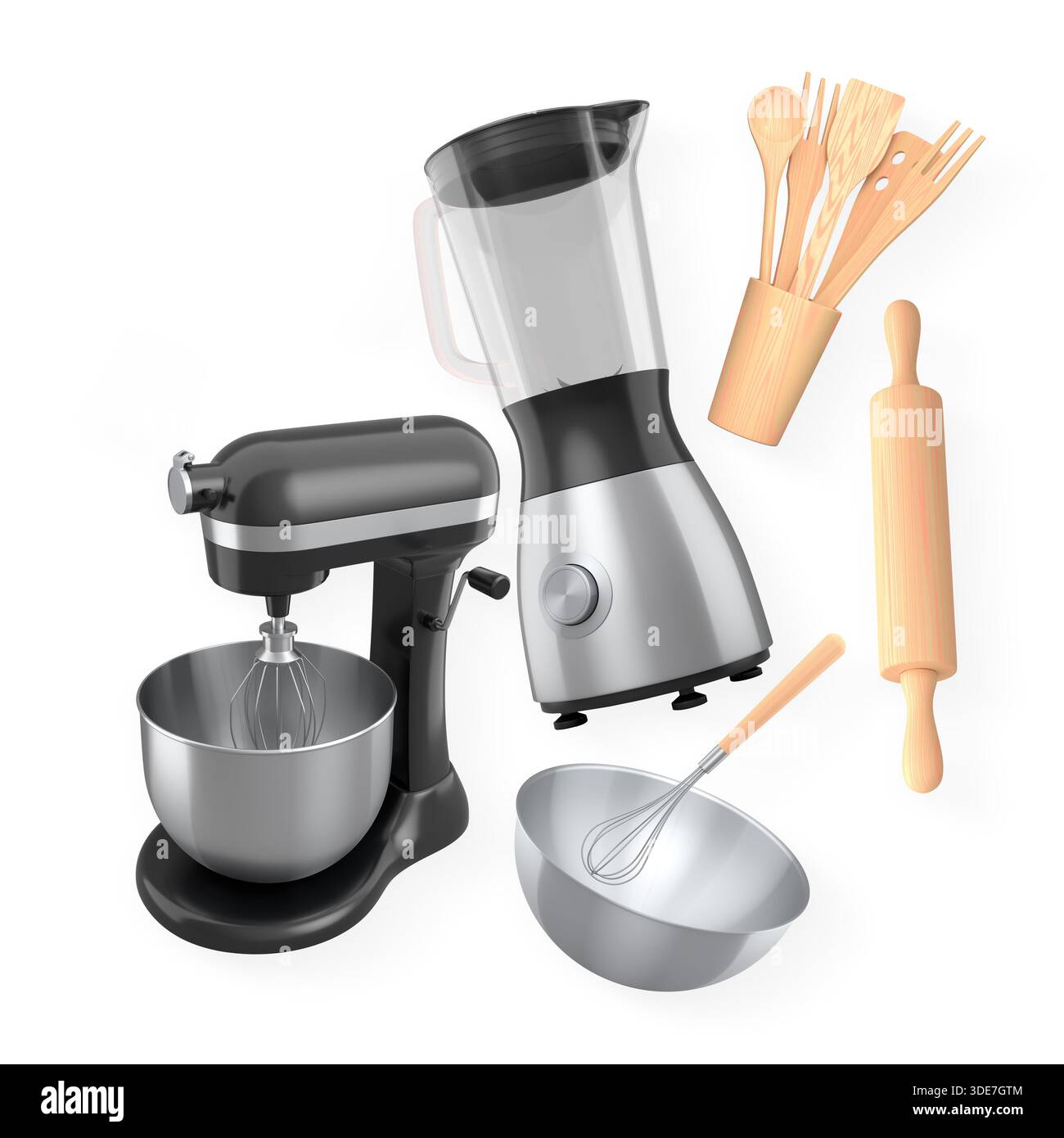 Kitchen appliances and utensils including stand mixer, blender, and ...