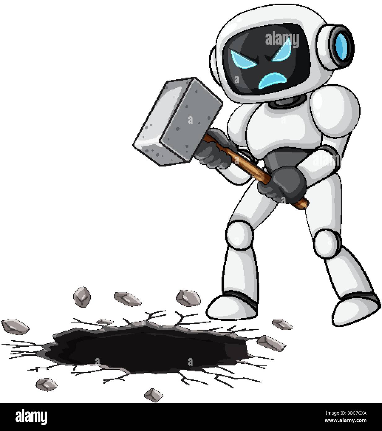Cartoon robot with angry face breaking ground using sledgehammer ...