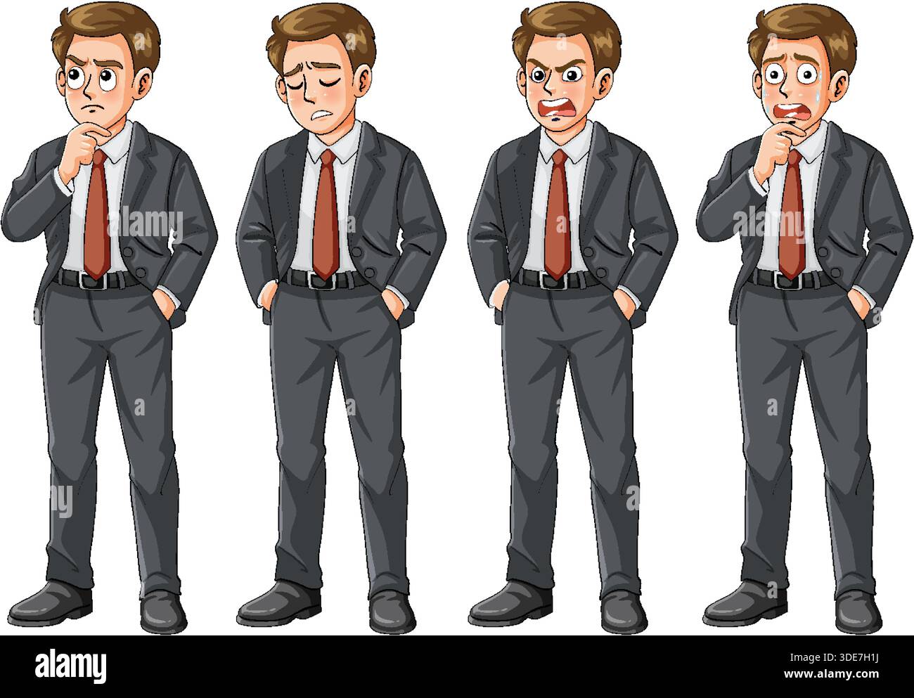 Vector illustration of businessman in suit showing thinking, sad, angry ...