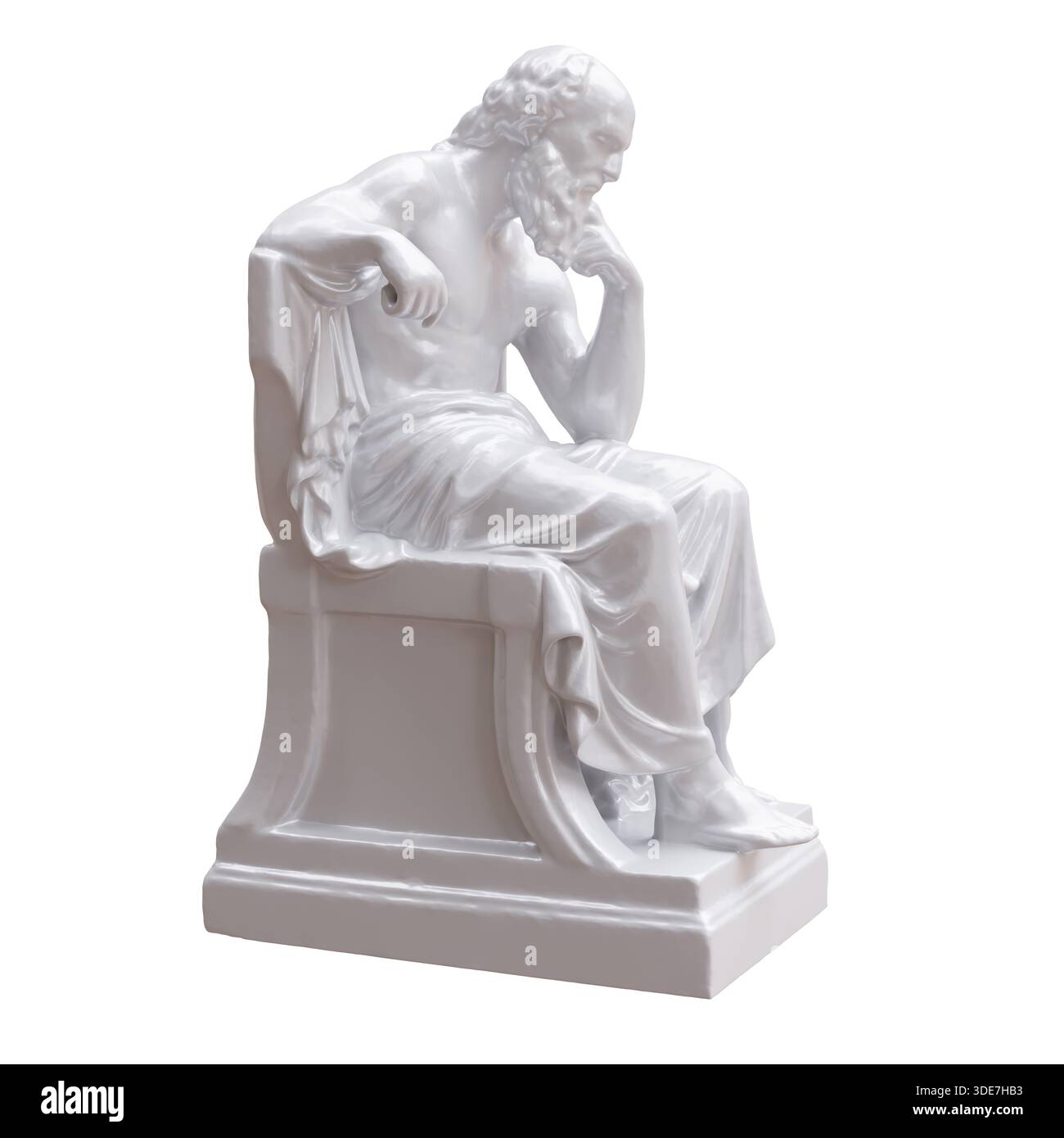 Marble statue isolated on white. Greek philosopher seated in a ...