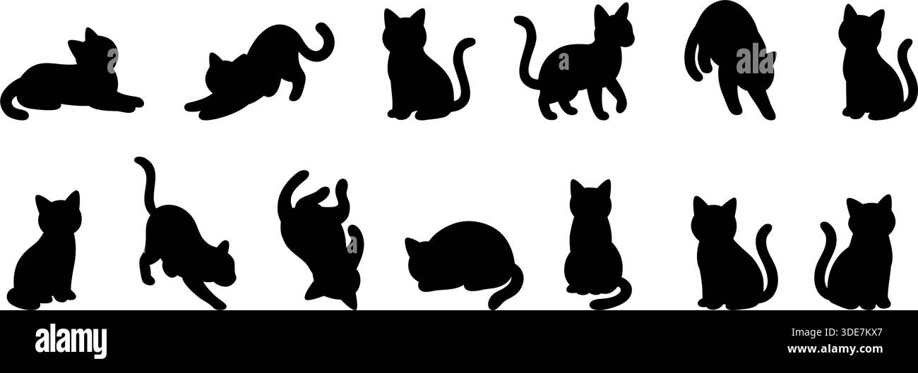 Black silhouettes of cartoon cats in different poses. Minimal vector ...