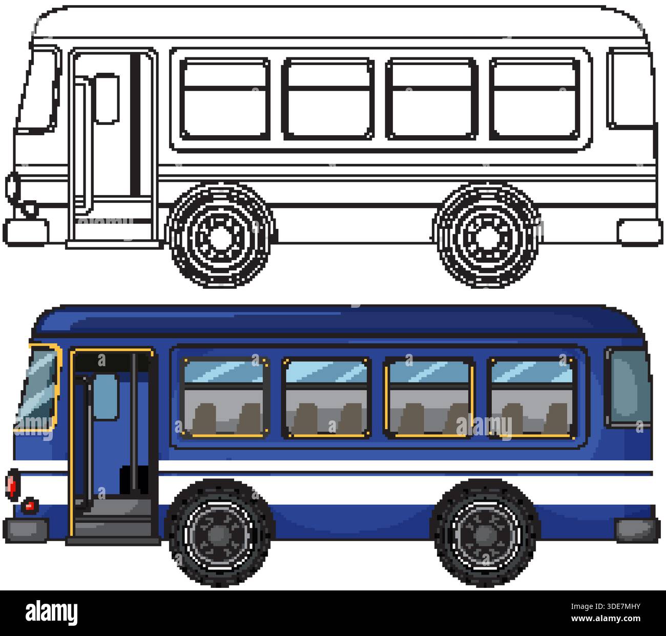 Side view blue city bus vector with separate black outline version and ...