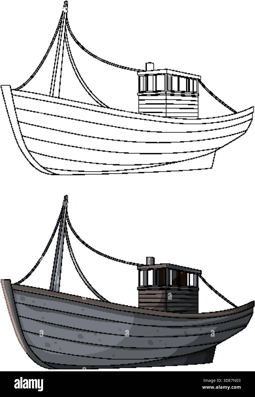 Traditional wooden fishing boat illustration with outlined sketch and ...