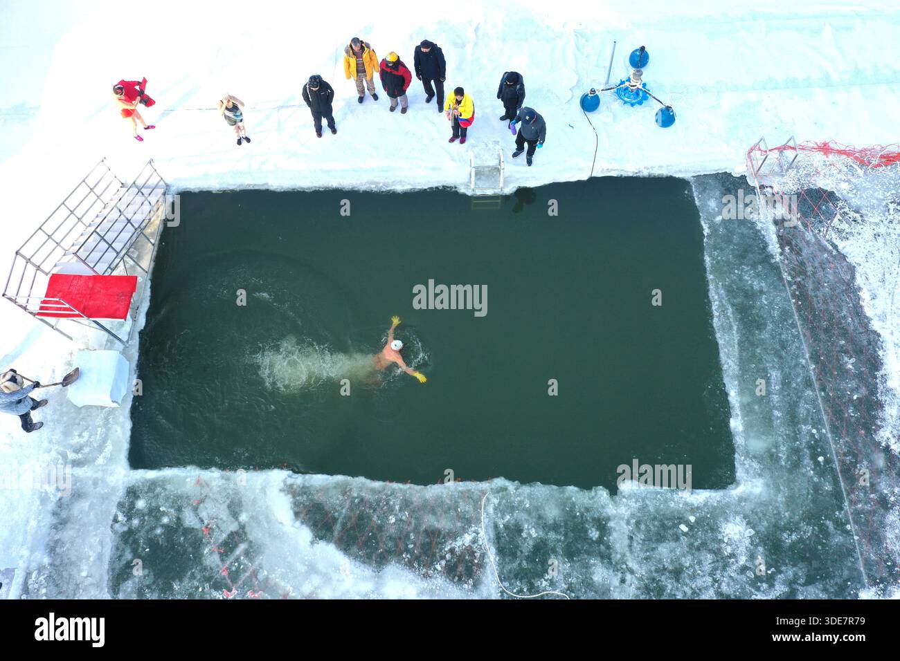 Winter swimming enthusiasts dive into the Songhua River in Harbin City ...