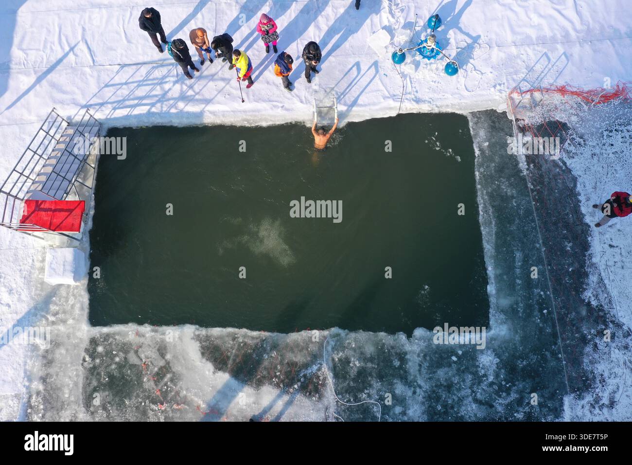 Winter swimming enthusiasts dive into the Songhua River in Harbin City ...