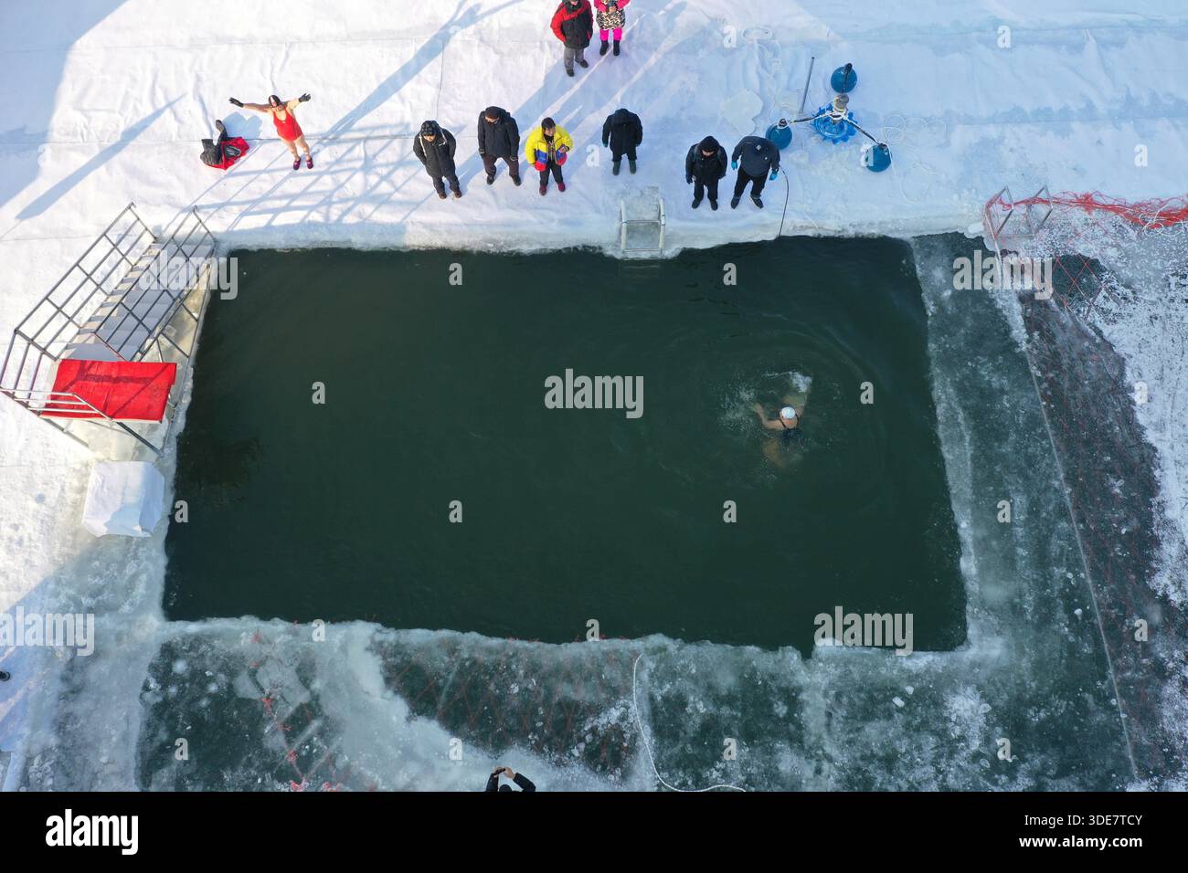 Winter swimming enthusiasts dive into the Songhua River in Harbin City ...