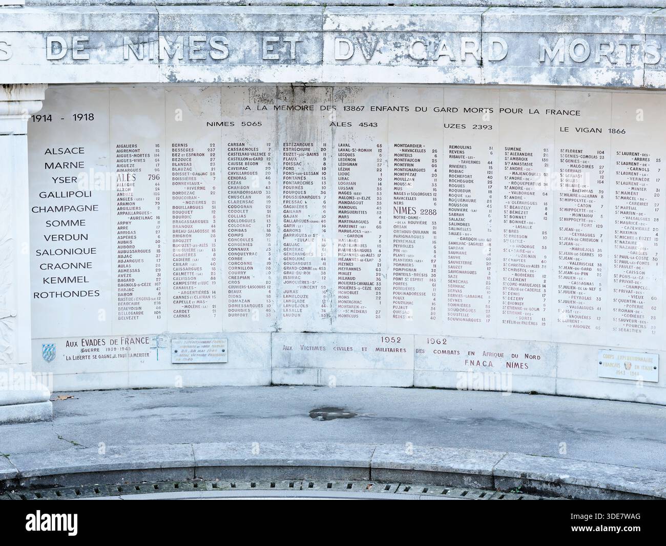 Names, of soldiers killed in combat, at the war memorial, Nimes, France ...