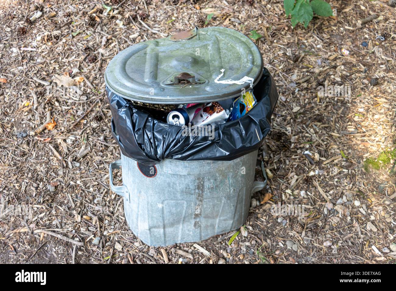 A metal trash can is Permanently Installed In-Ground at the edge of the ...