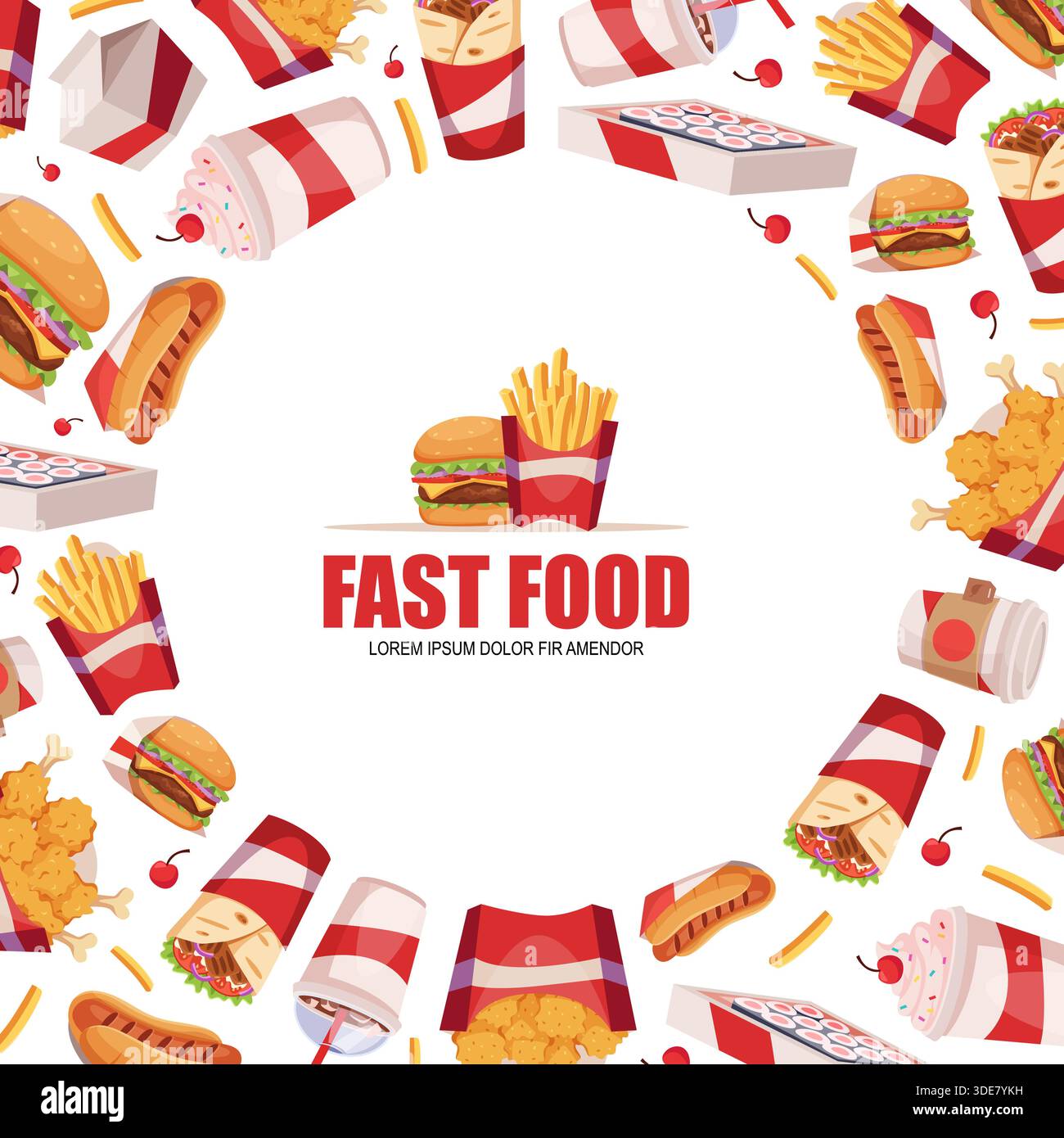 Fast food background. circle shape template with different junk food ...