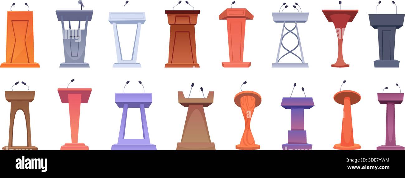 Podiums. Wooden and steel tables tribunes and podiums for business ...