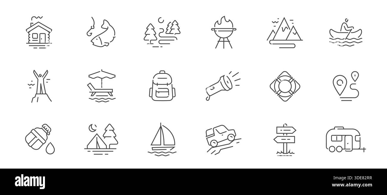 Outdoor activities set of icons in line style. Summer camp linear ...