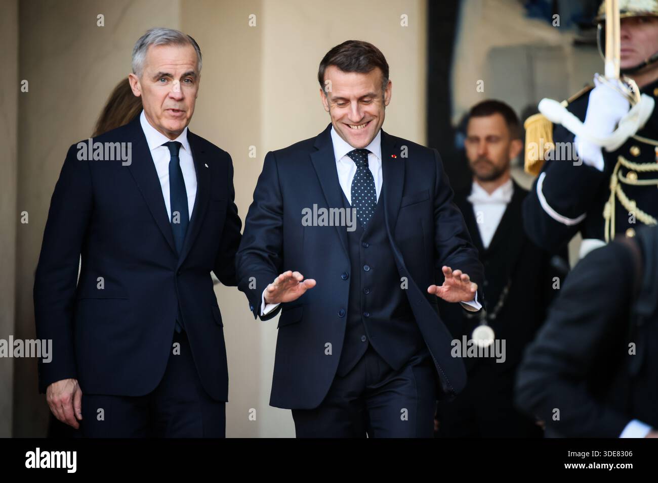 French President Emmanuel Macron, right, gestures as Canada's Prime ...