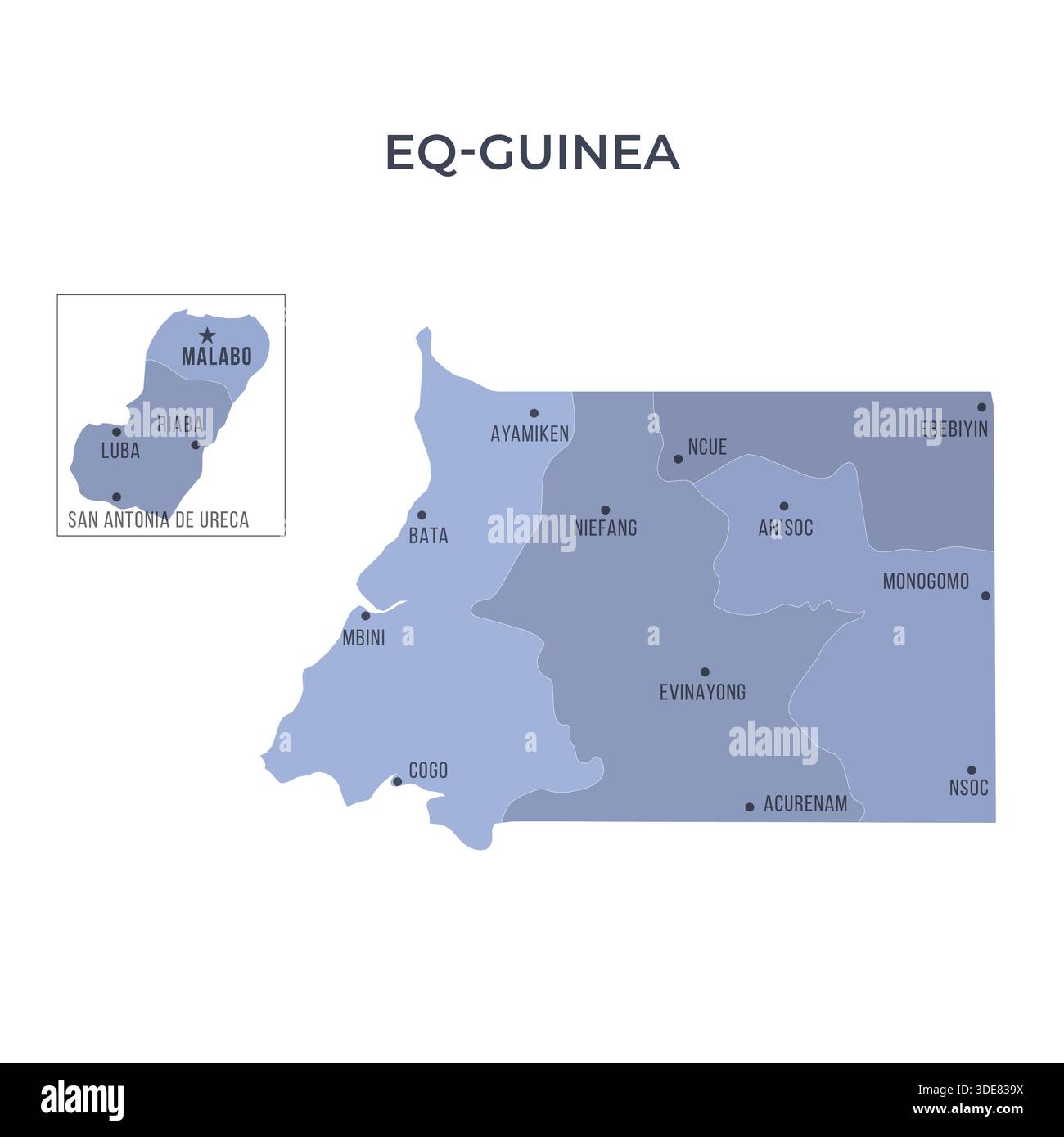 Map of EQUATORIAL GUINEA with Regions Borders and Famous Cities Stock ...
