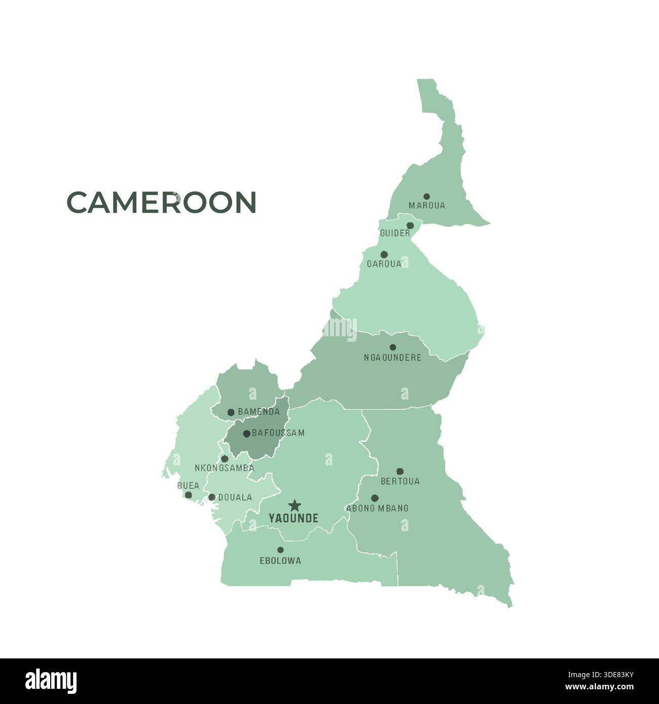 Map of CAMEROON with Regions Borders and Famous Cities Stock Vector ...