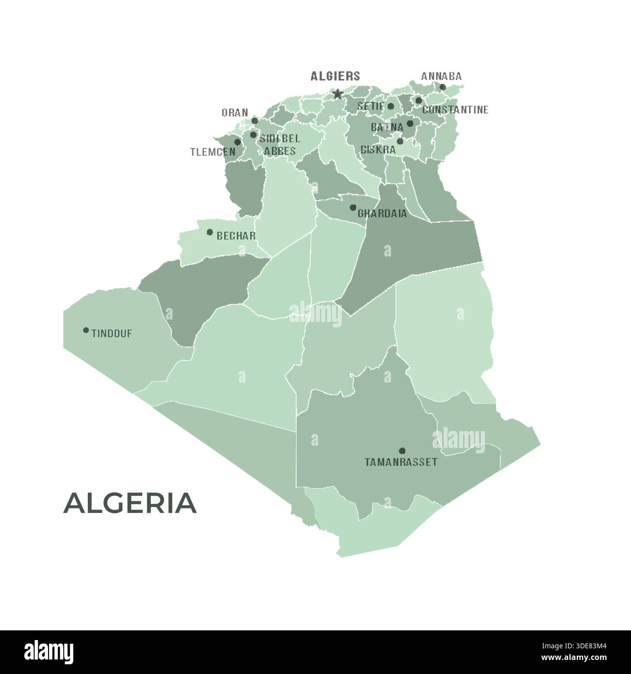 Map of ALGERIA with Regions Borders and Famous Cities Stock Vector ...