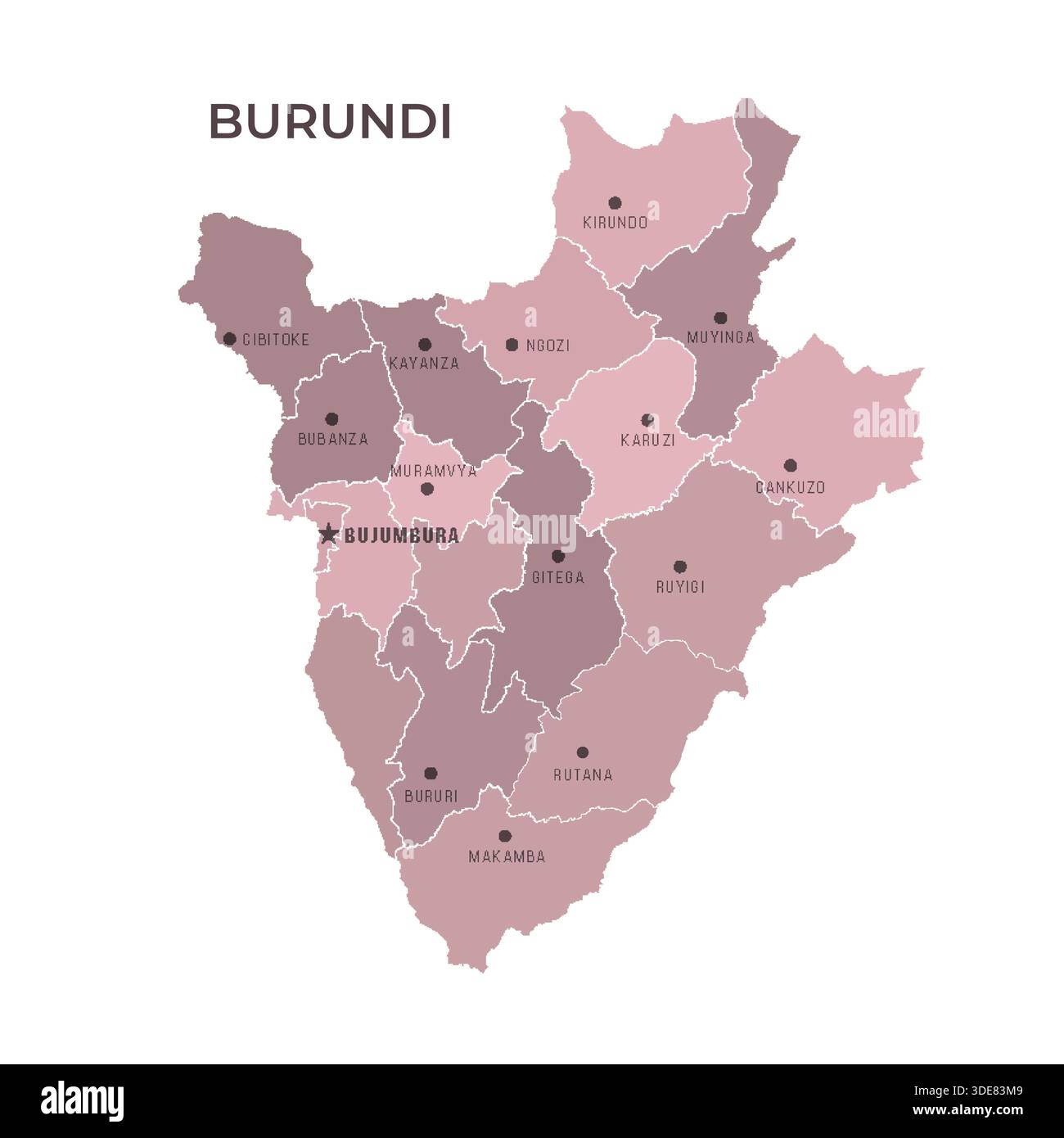Map of BURUNDI with Regions Borders and Famous Cities Stock Vector ...