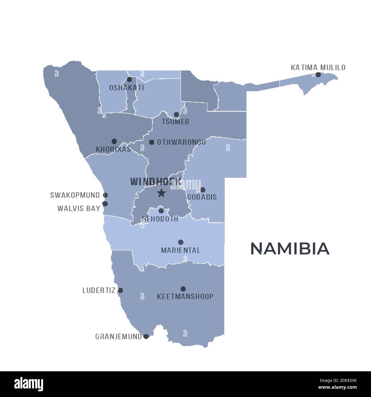 Map of NAMIBIA with Regions Borders and Famous Cities Stock Vector ...