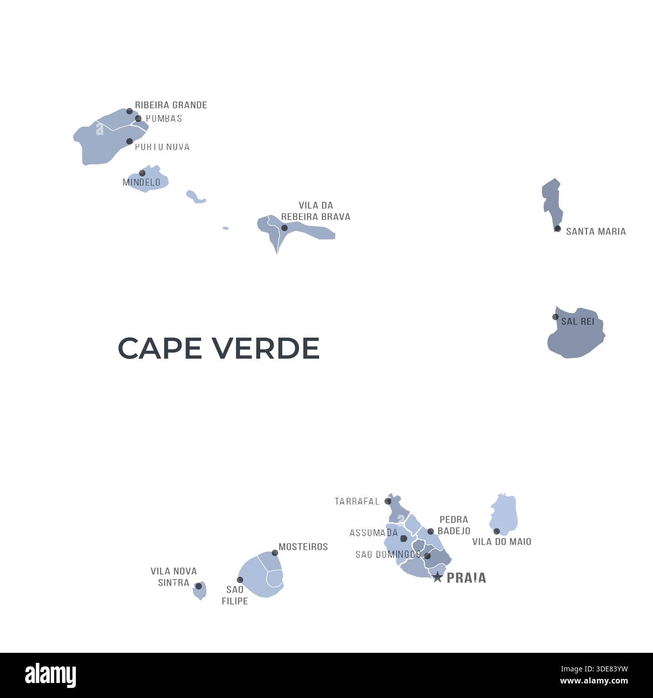 Map of CAPE VERDE with Regions Borders and Famous Cities Stock Vector ...
