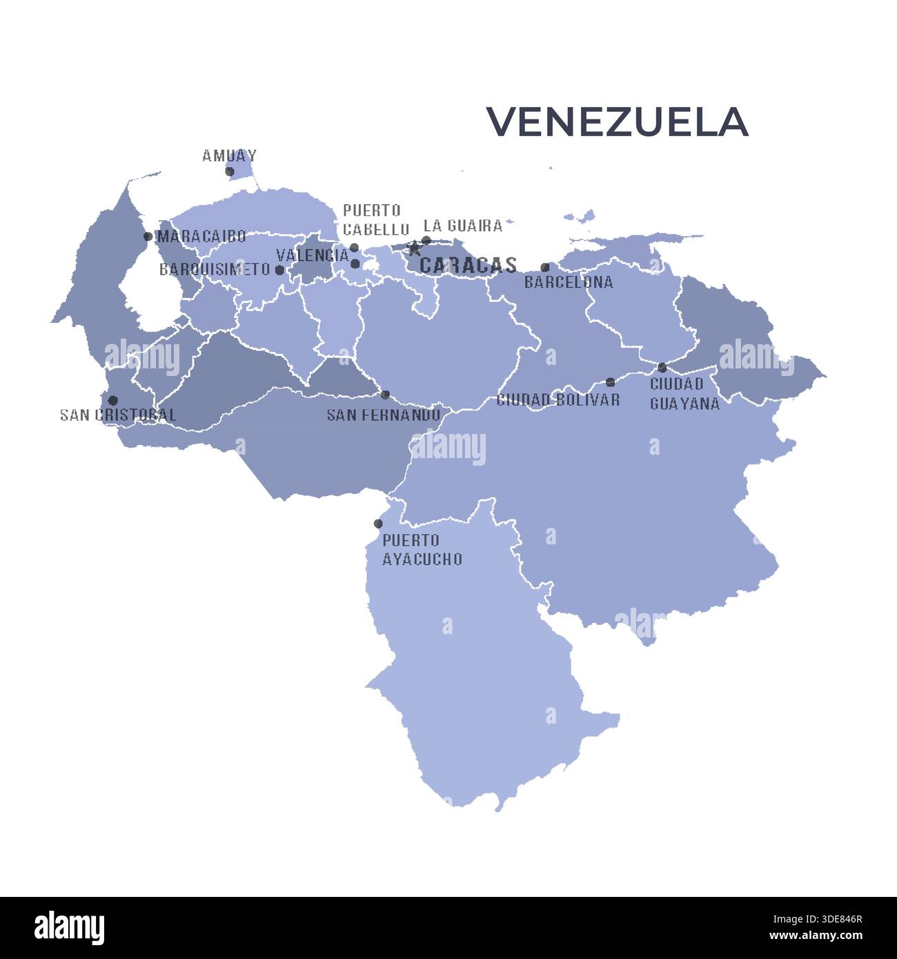 Map of VENEZUELA with Regions Borders and Famous Cities Stock Vector ...